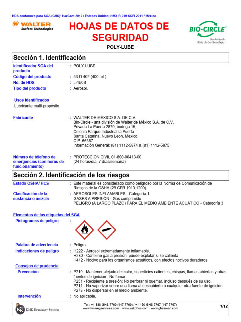 Hoja de Seguridad POLY-LUBE 400 mL | PDF | Contaminación | Agua