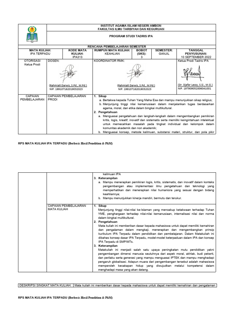 RPS IPA Terpadu IAIN Ambon | PDF