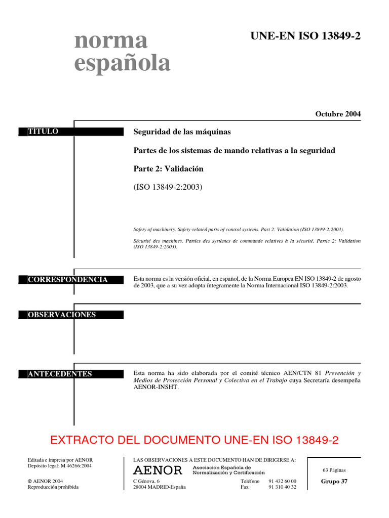 (Ex) Une-En Iso 13849-2 2004 | PDF | Organización internacional para la ...