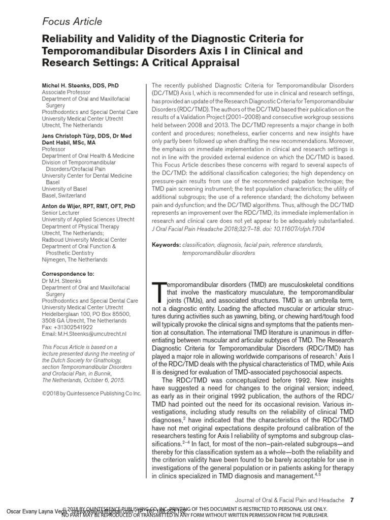 Reliability and Validity of The Diagnostic Criteria For | PDF | Medical ...