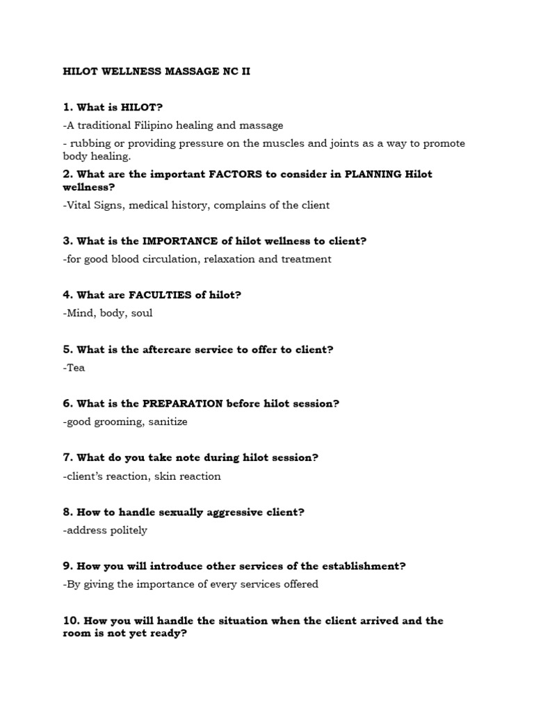 Hilot Wellness Massage NC II Guide | PDF | Massage | Clinical Medicine