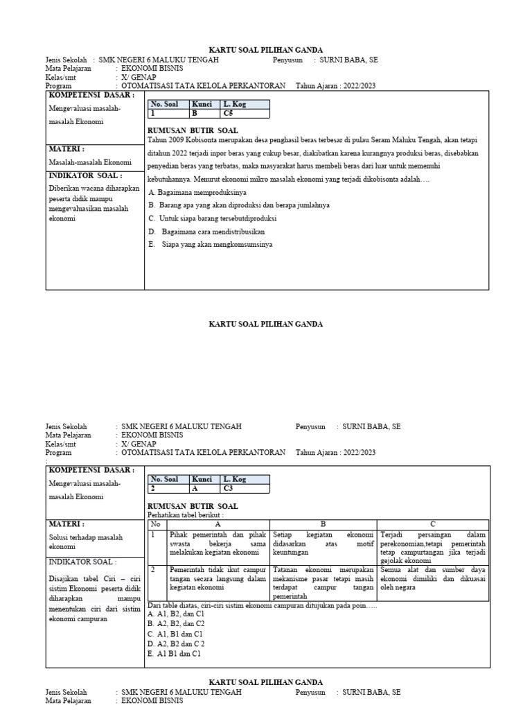 Format Kartu Soal PG 2023 | PDF