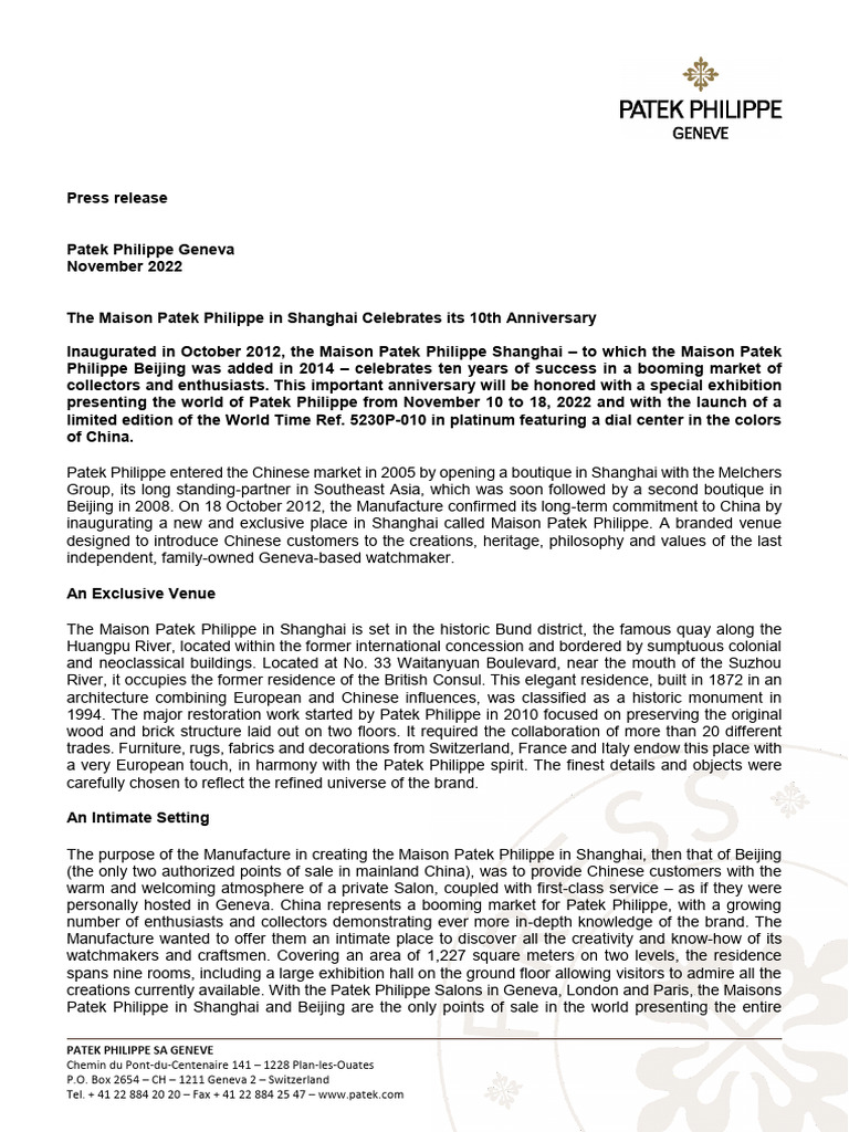 2022 PatekPhilippe Shanghai Maison Patek Philippe 10th Anniversary | PDF | Watch | Shanghai