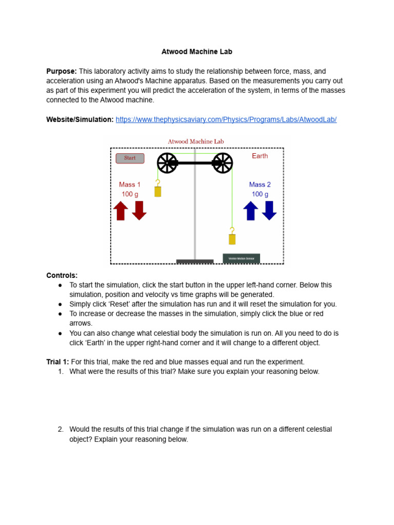 Atwood Machine Lab (Virtual) | PDF