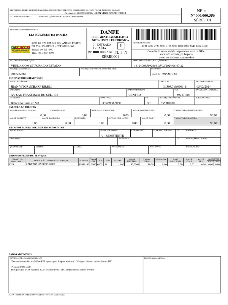 Danfe: SÉRIE 001 | PDF | Recibo