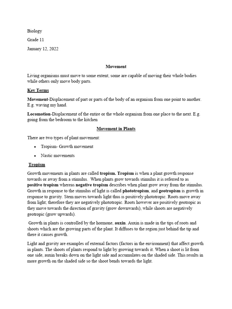 Grade 11 Biology: Plant Movement | PDF