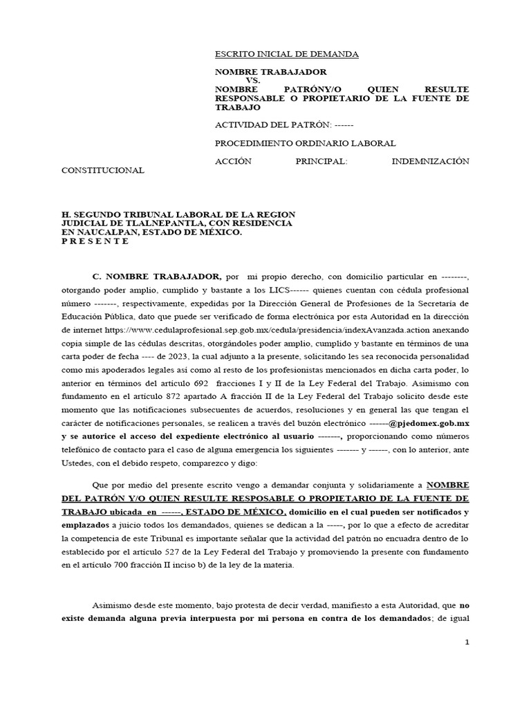 Formato Demanda Nuevo Procedimiento | PDF | Salario | Demanda judicial