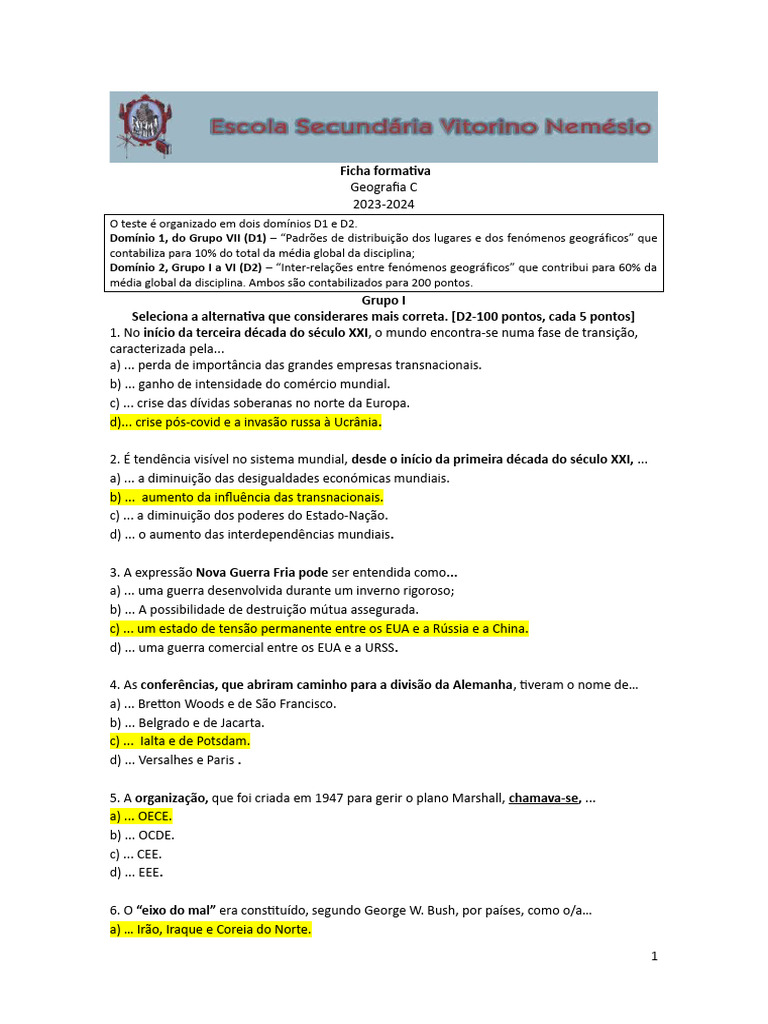 Ficha Formativa 12ºano Correção Pdf Descolonização China