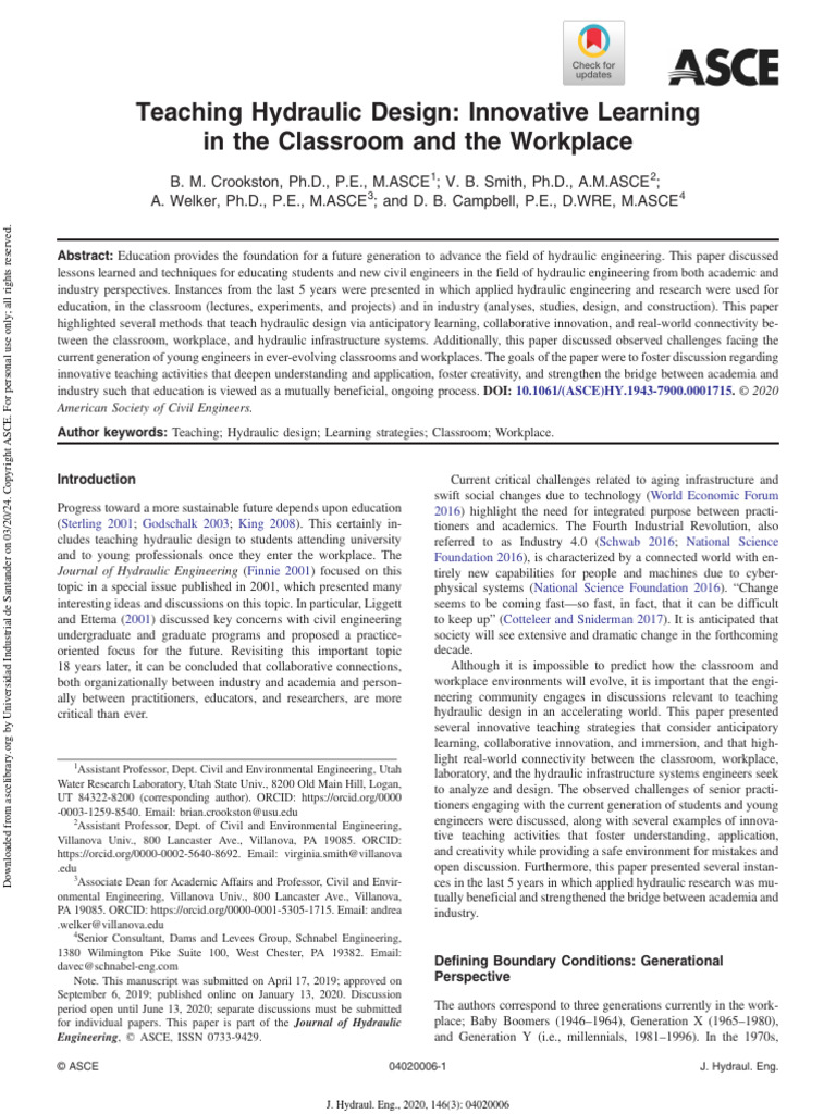 Crookston Et Al 2020 Teaching Hydraulic Design Innovative Learning in The Classroom and The ...