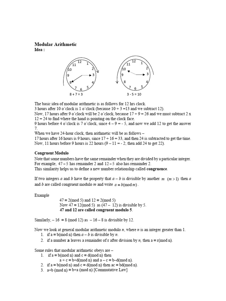 Modular Arithmetic Class1 Pdf Elementary Mathematics Algebra