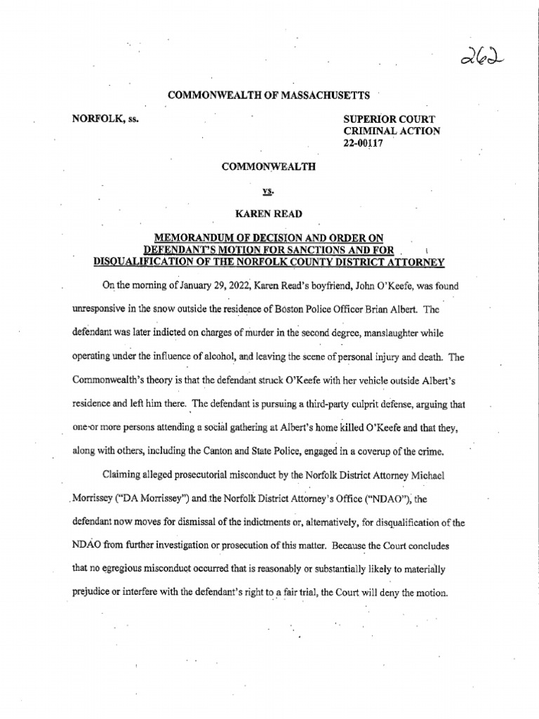 Judge Denies Motion To Disqualify DA Morrissey's Office From Karen Read ... Judge Denies Motion To Disqualify DA Morrissey's Office From Karen Read ...