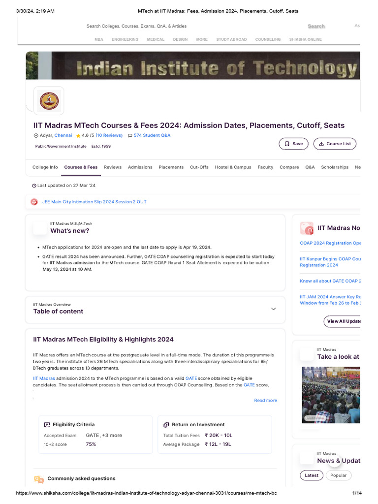 MTech at IIT Madras - Fees, Admission 2024, Placements, Cutoff, Seats | PDF | University And ...