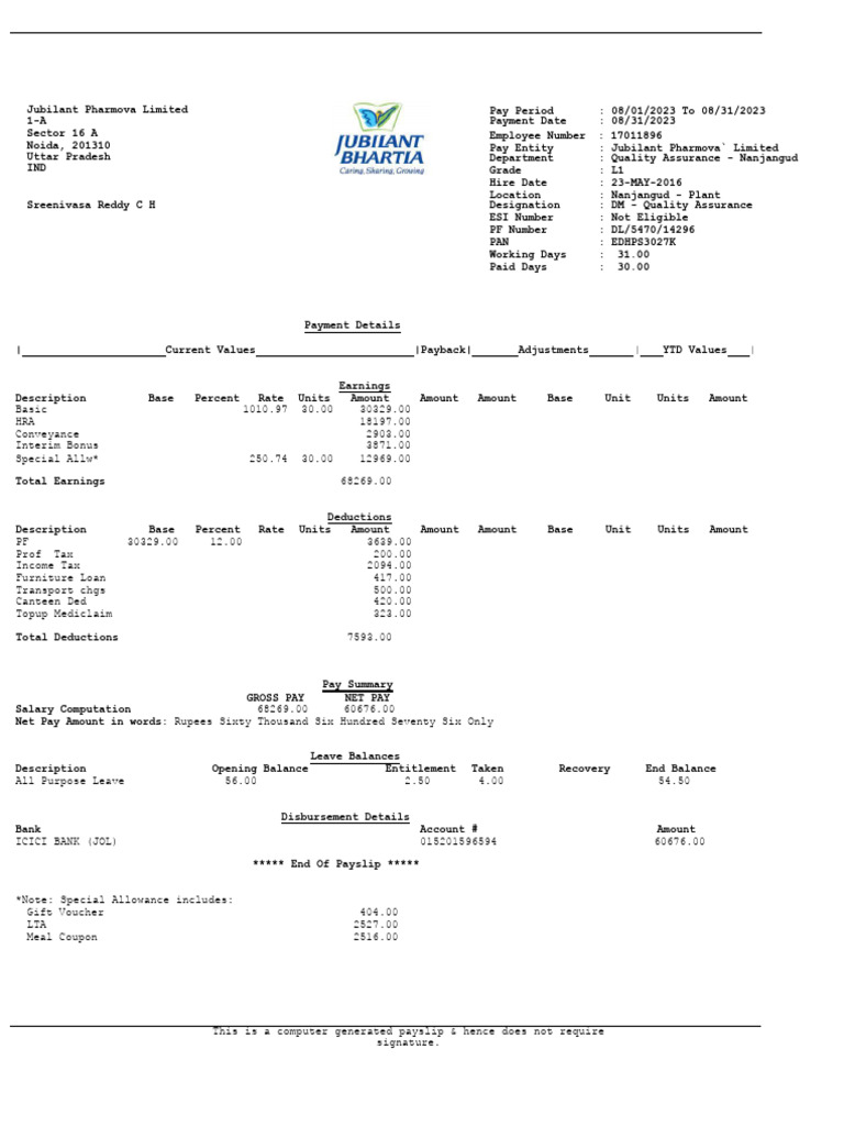 Payslip August | Download Free PDF | Money | Personal Finance