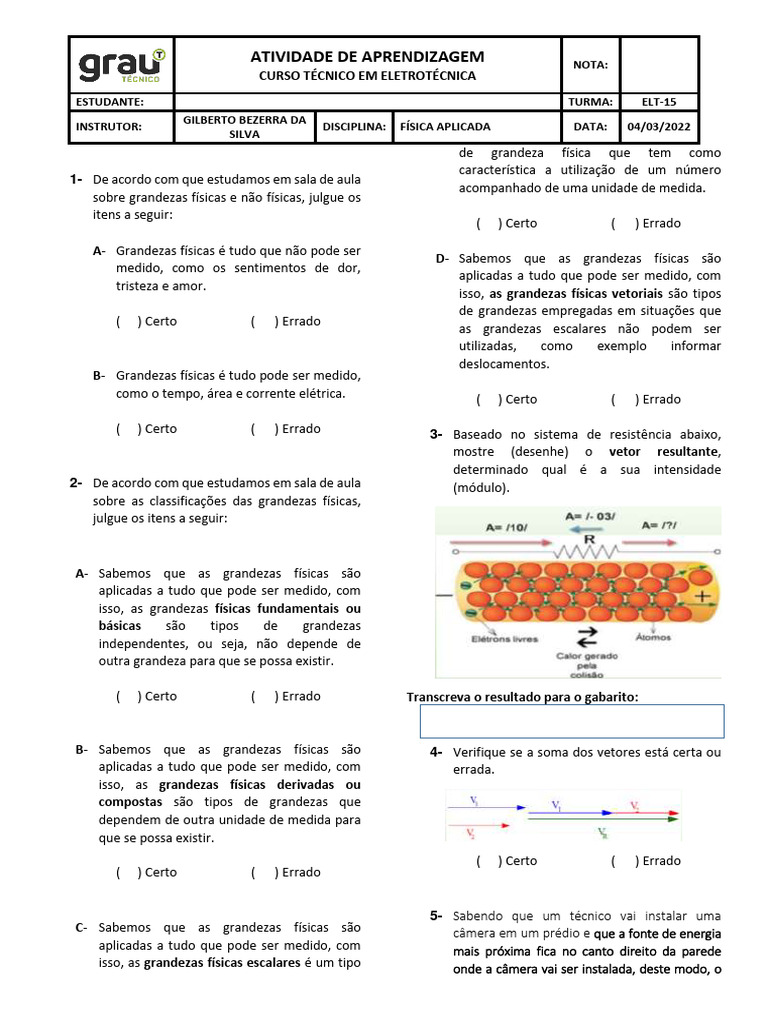Elt-15 - Atividade de Aprendizagem | PDF | Vetor euclidiano | Física