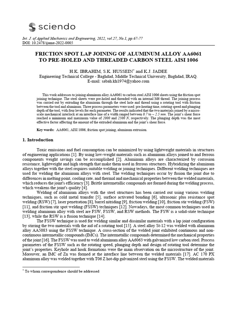 Friction Spot Lap Joining of Alumin | PDF | Welding | Construction