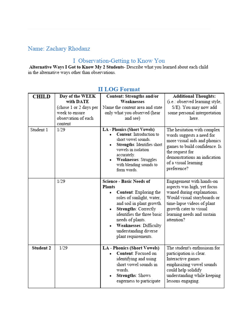Observation Logs Two Students | PDF | Reading Comprehension | Science