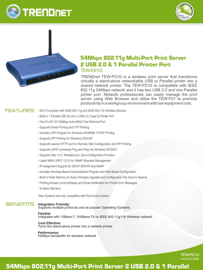 54Mbps 802.11g Multi-Port Print Server 2 USB 2.0 & 1 Parallel Printer ...