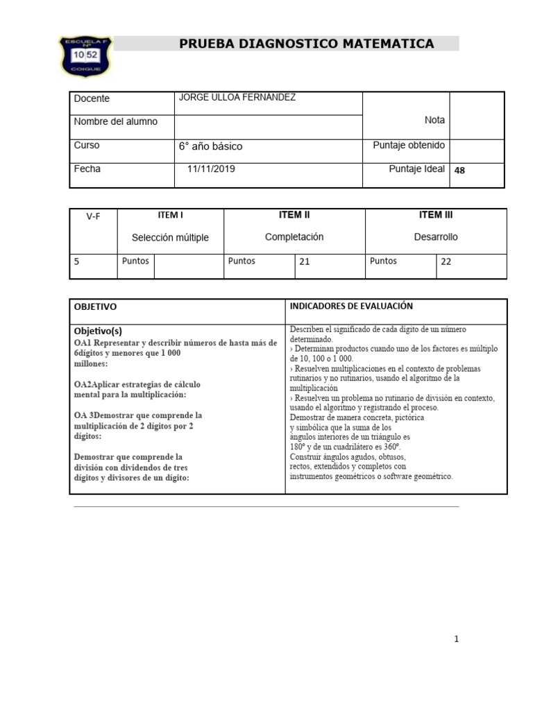 Prueba Diagnostico 6to Año 2023. | PDF | Rectángulo | Triángulo