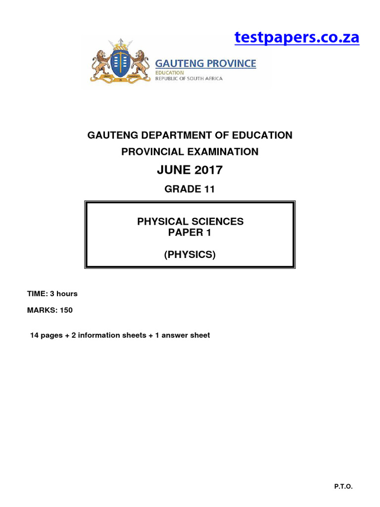 Grade 11 Physics Exam Paper 1 2017 | PDF | Force | Physics