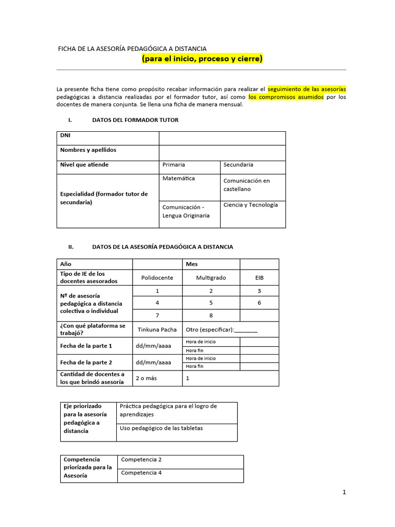 Ficha Asesoria Pedagógica A Distancia - FT | PDF | Evaluación | Maestros