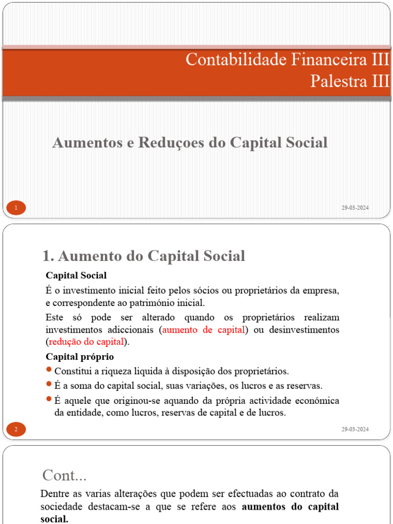 Palestra III - Aumentos e Reduçoes Do Capital Social | PDF | Crédito ...