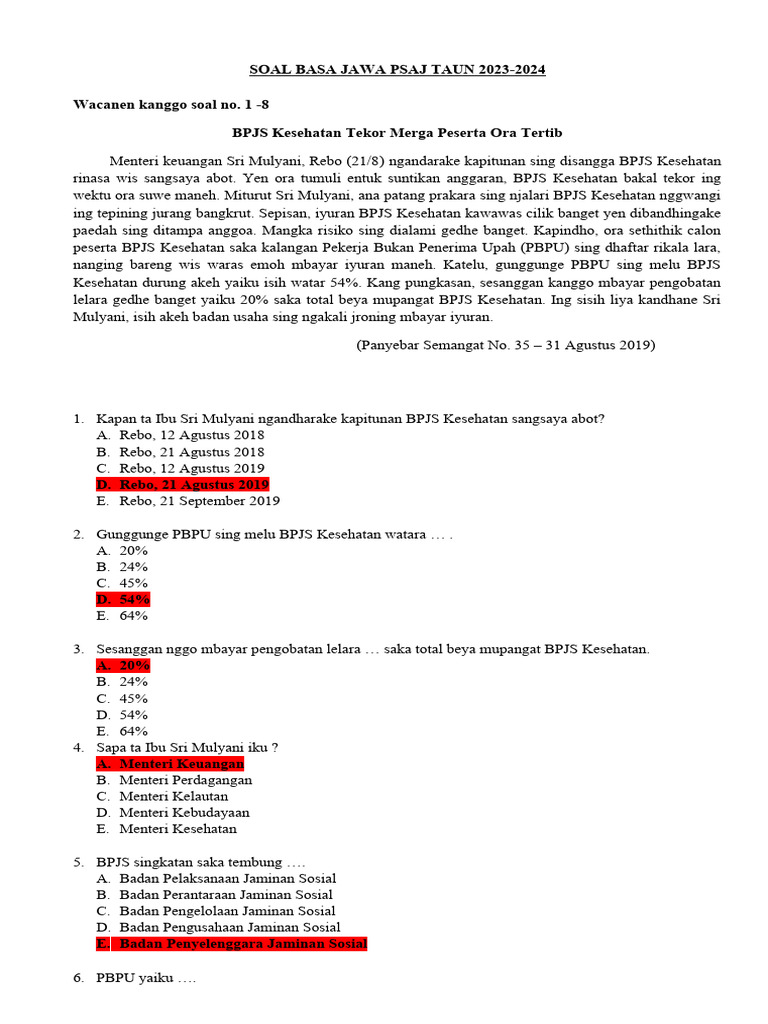 Latihan Soal PSAJ TAHUN PELAJARAN 2023 - 2024. Jawa | PDF