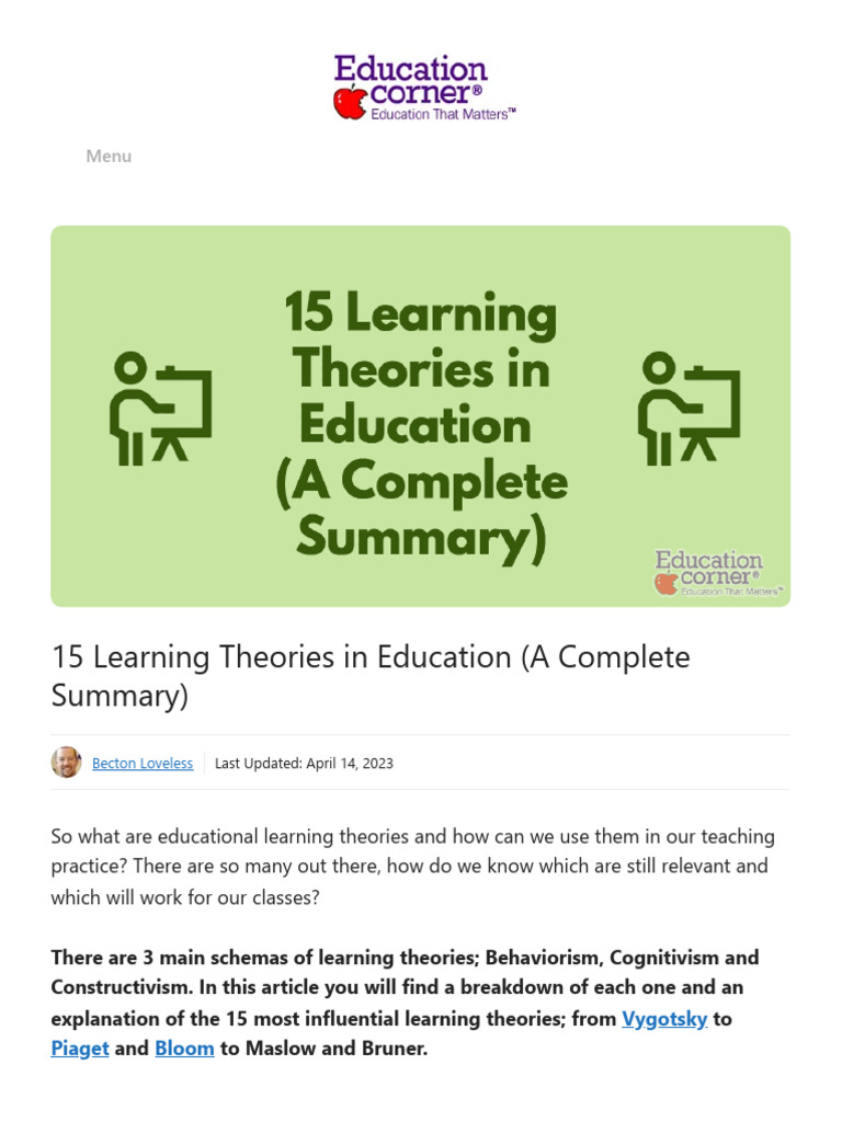 15 Learning Theories in Education (A Complete Summary) | PDF ...