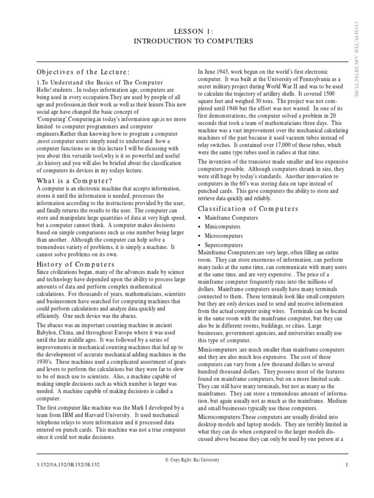 Lesson 1: Introduction To Computers: Objectives of The Lecture | PDF ...