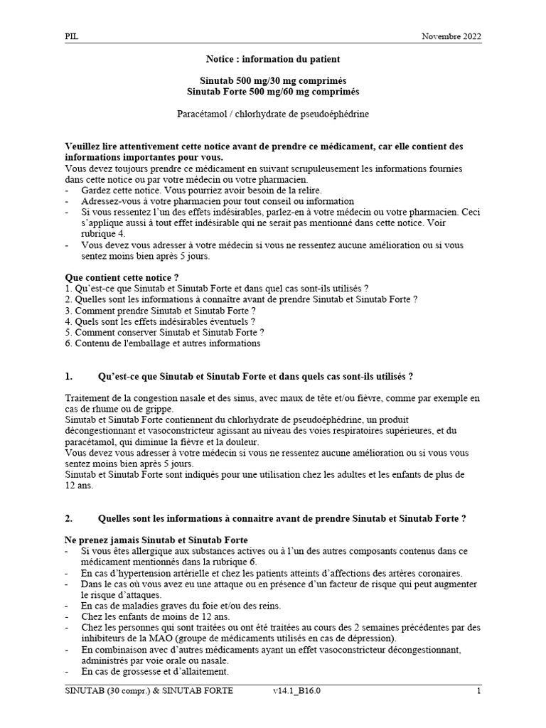Sinutab Forte : Utilisation et Précautions | PDF | Hypertension ...