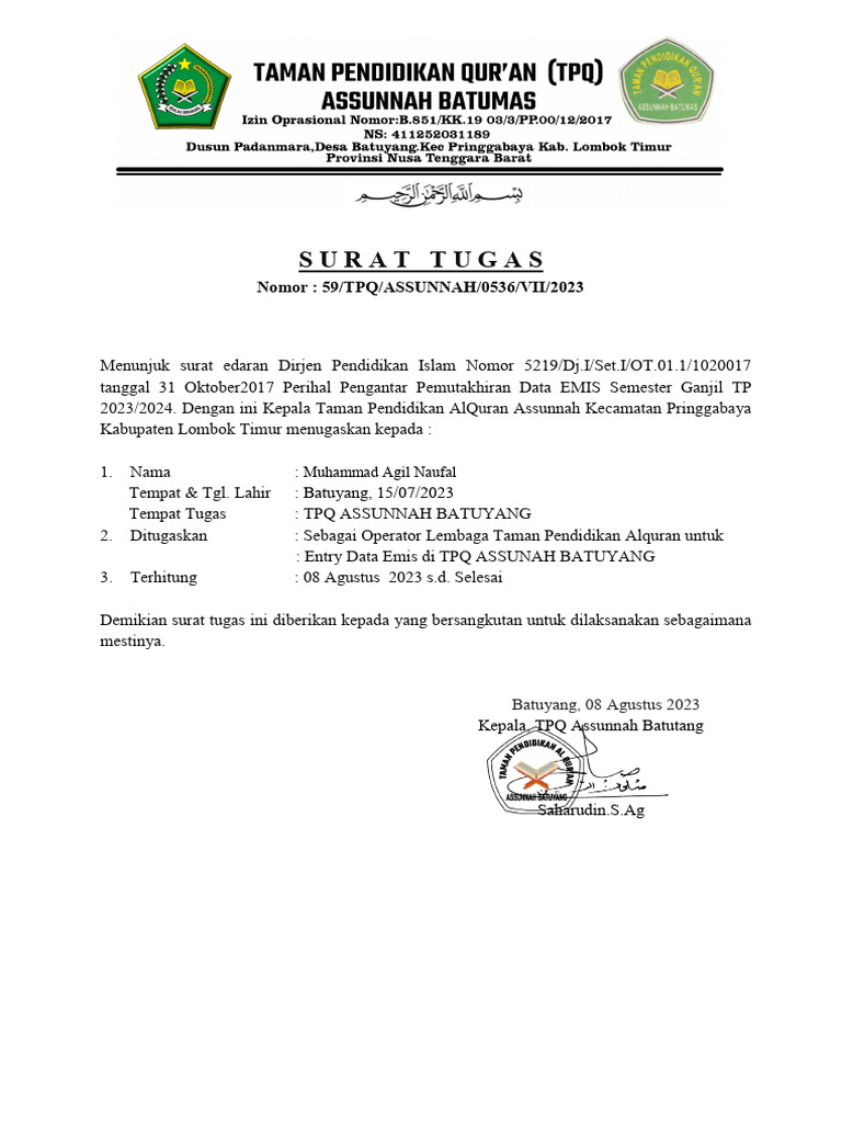 Contoh SK Surat Tugas Operator Emis | PDF