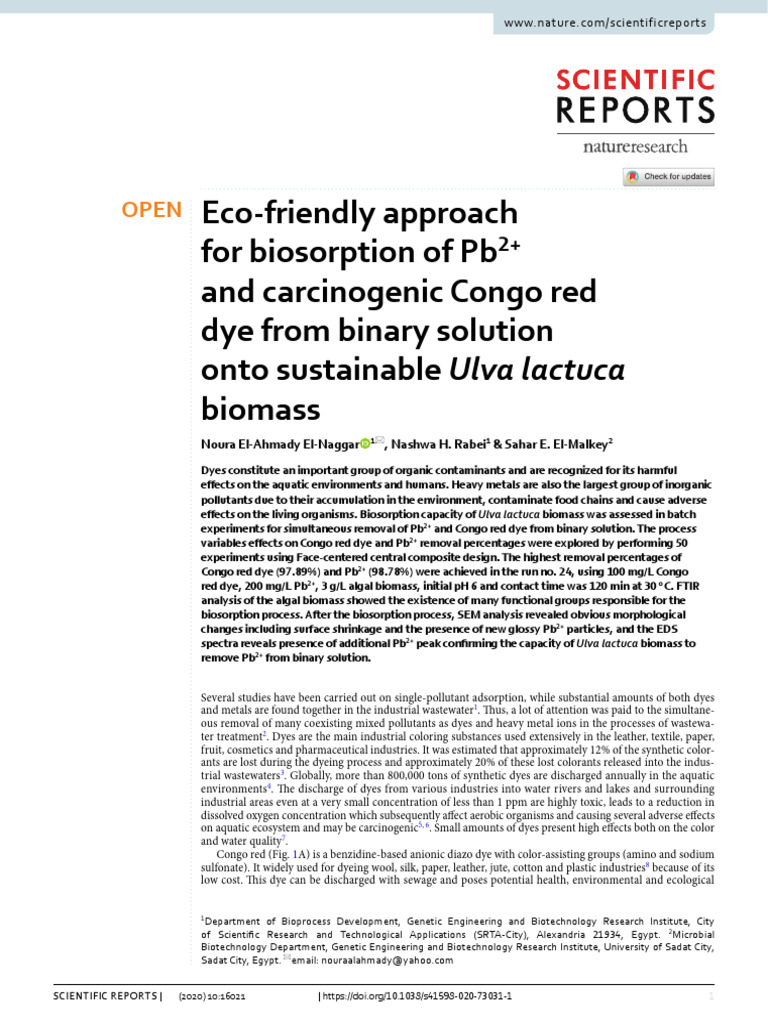 Eco Friendly Approach For Biosorption of PB and Carcinogenic Congo Red Dye From Binary Solution ...