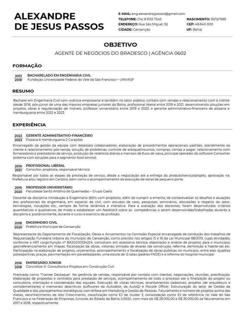 (CV) Alexandre Passos, Agente de Negócios Bradesco | PDF | Engenharia ...