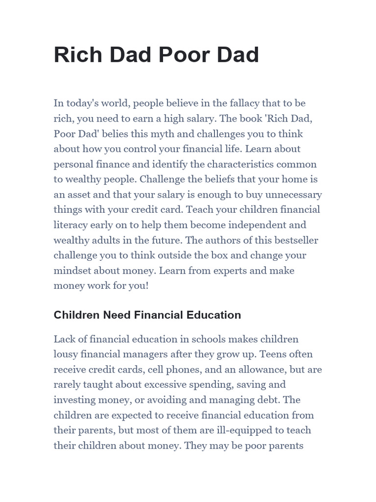 Rich Dad Poor Dad | PDF | Taxes | Investing
