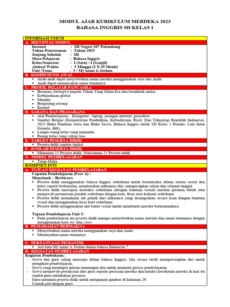 Modul Ajar Bahasa Inggris Kelas 1 SD | PDF