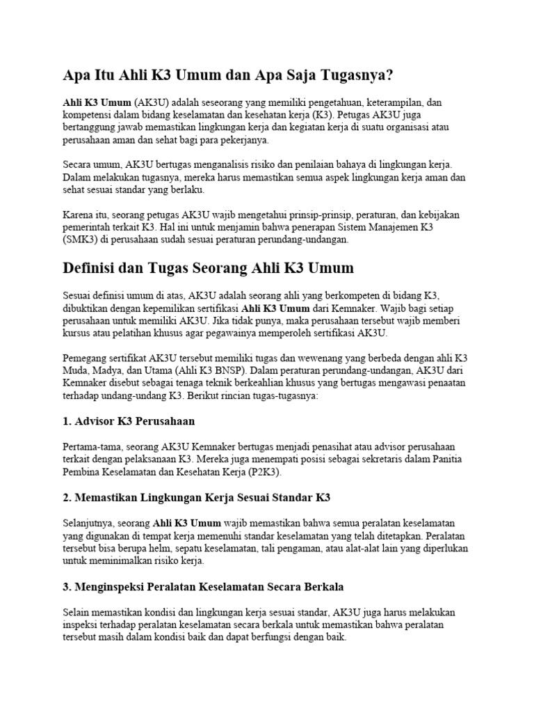 Apa Itu Ahli K3 Umum Dan Apa Saja Tugasnya | PDF Apa Itu Ahli K3 Umum Dan Apa Saja Tugasnya | PDF