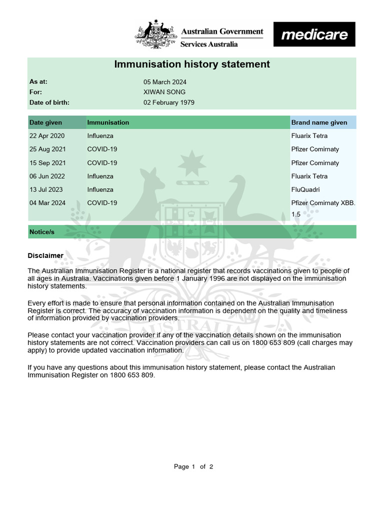 XIWAN SONG Immunisation History Statement | PDF | Influenza Vaccine ...