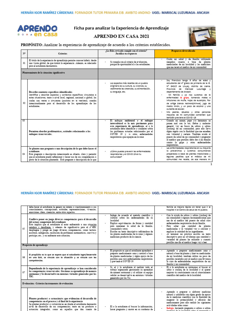 Ficha - Análisis para Subir Al MINEDU | PDF | Aprendizaje | Evaluación