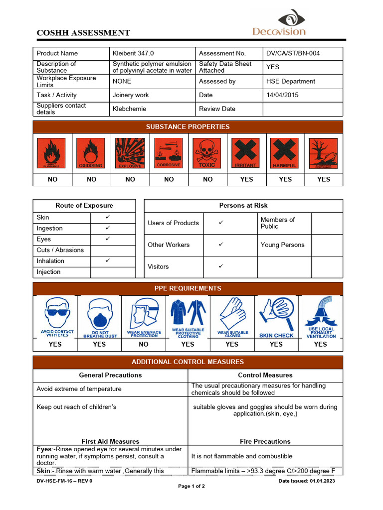 COSHH Assessment for Kleiberit 347.0 | PDF | Personal Protective ...