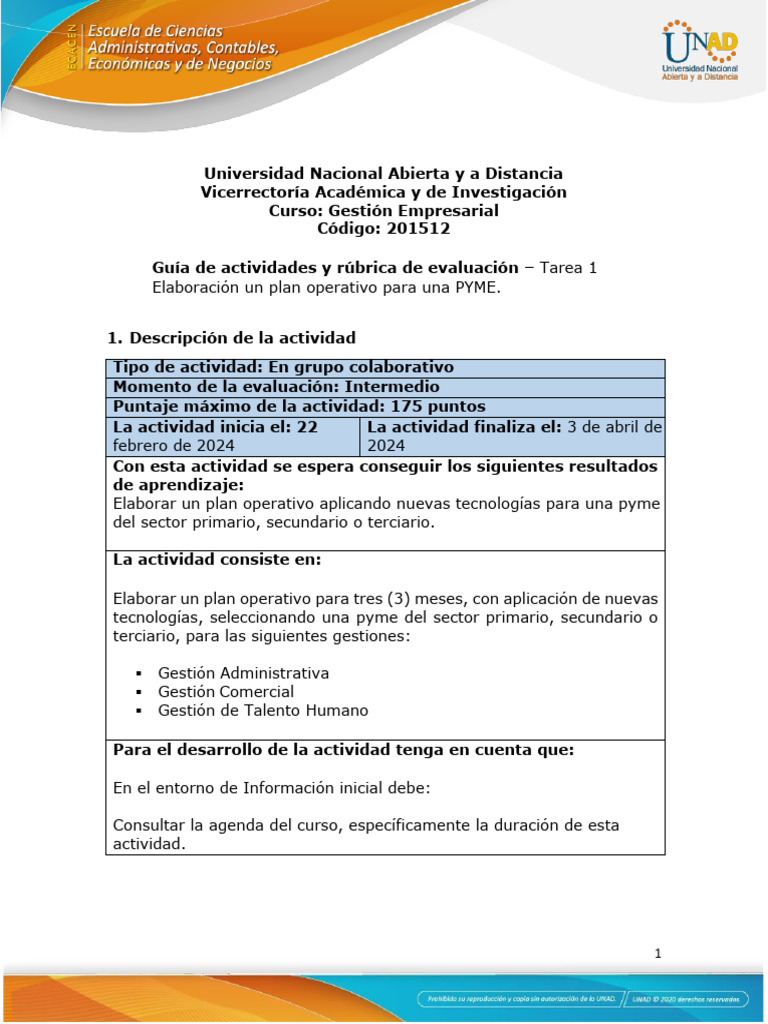 Guia de Actividades y Rúbrica de Evaluación - Tarea - 1 - Elaboración Un Plan Operativo PYME ...