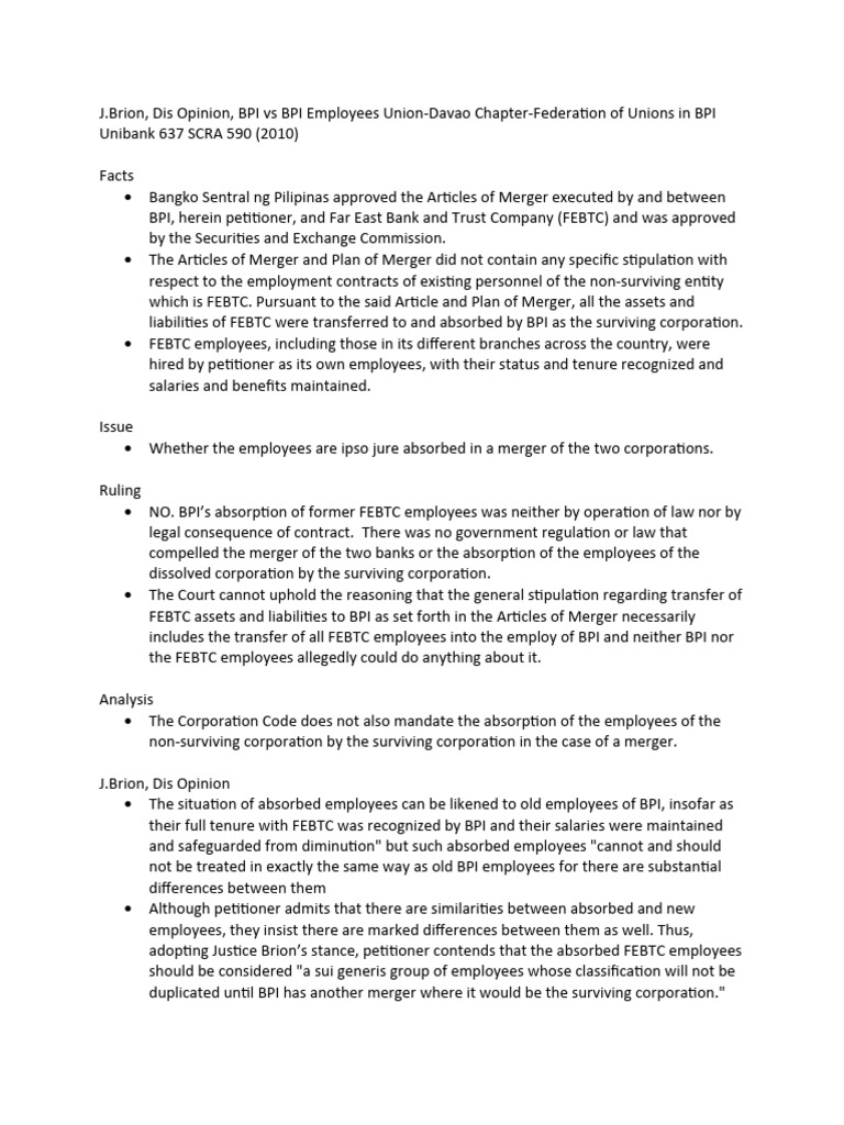 BPI Vs BPI Employees Davao Union | PDF | Mergers And Acquisitions ...