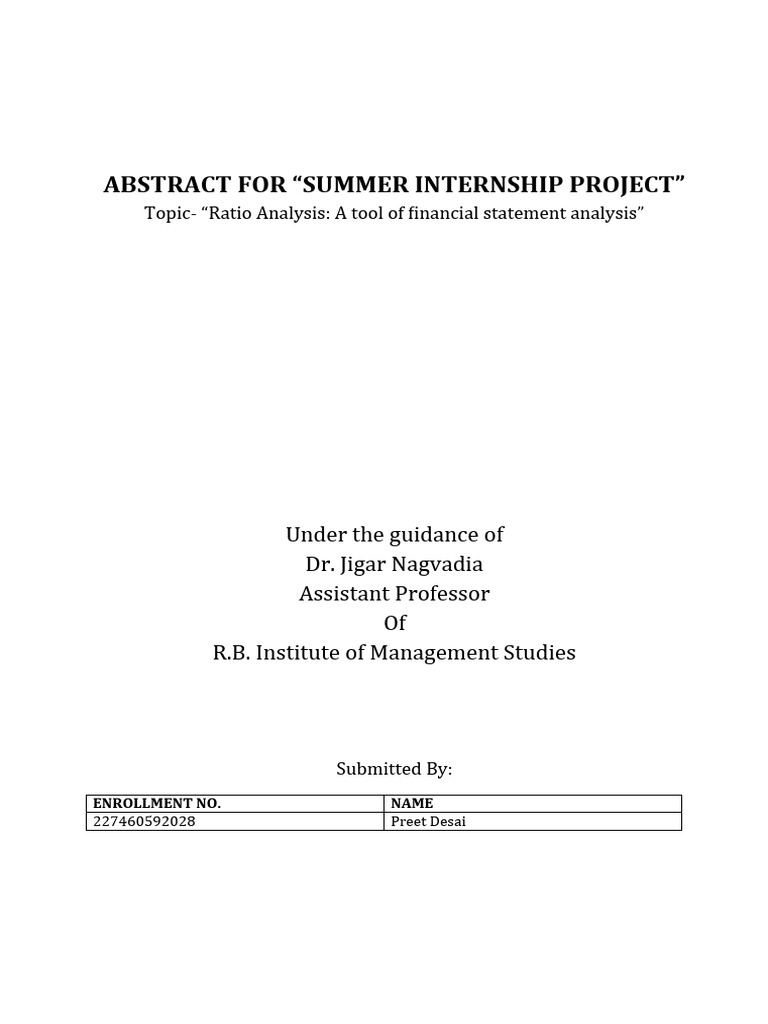 Abstract For "Summer Internship Project" | PDF | Financial Ratio ...