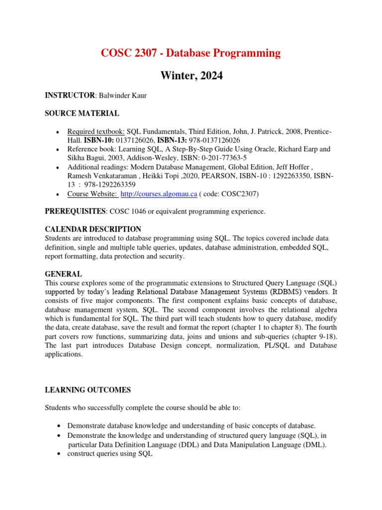 COSC2307 Syllabus | PDF | Sql | Databases