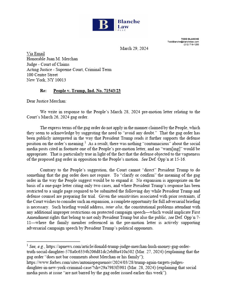 2024.03.29 Letter To Justice Merchan | PDF | Donald Trump | American ...