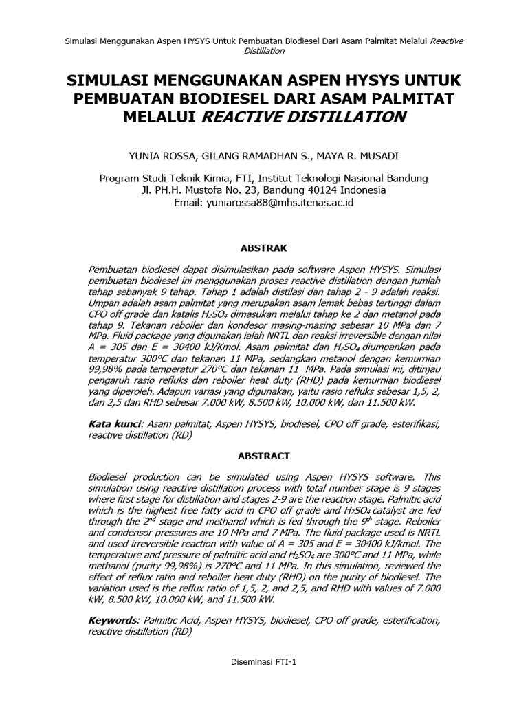 Simulasi Biodiesel Asam Palmitat di HYSYS | PDF | Sains & Matematika