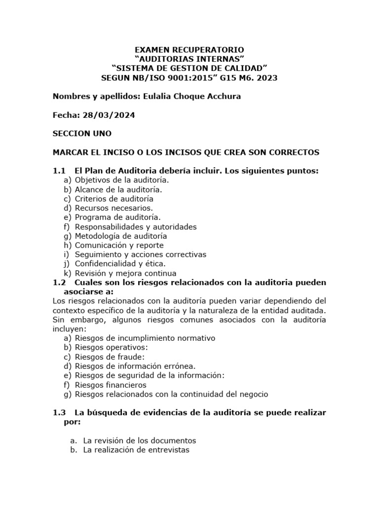 Examen Recuperatorio Auditorias Internas Iso 9001 G15 M6 2023 | PDF ... Examen Recuperatorio Auditorias Internas Iso 9001 G15 M6 2023 | PDF ...