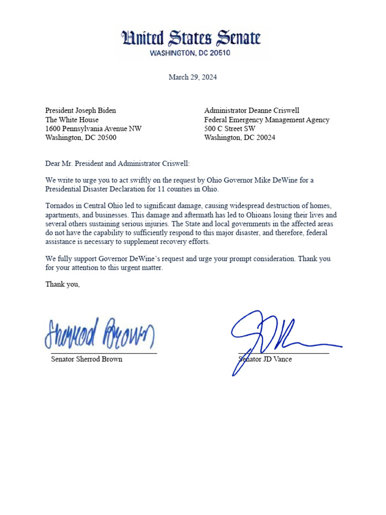 Brown Vance Letter To President Biden For FEMA Emergency Declaration | PDF