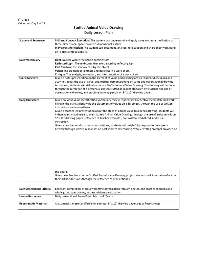 Eval Day Lesson Plan | PDF | Drawing | Pencil