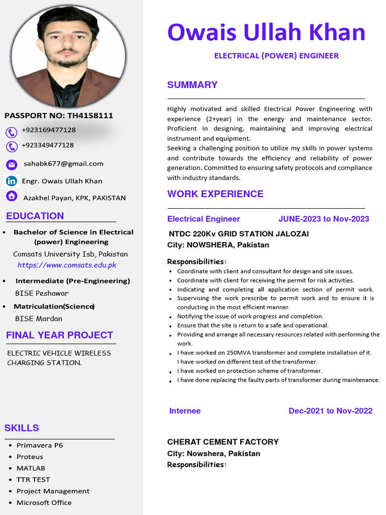 Owais Khan Resume | PDF | Consultant | Electric Power