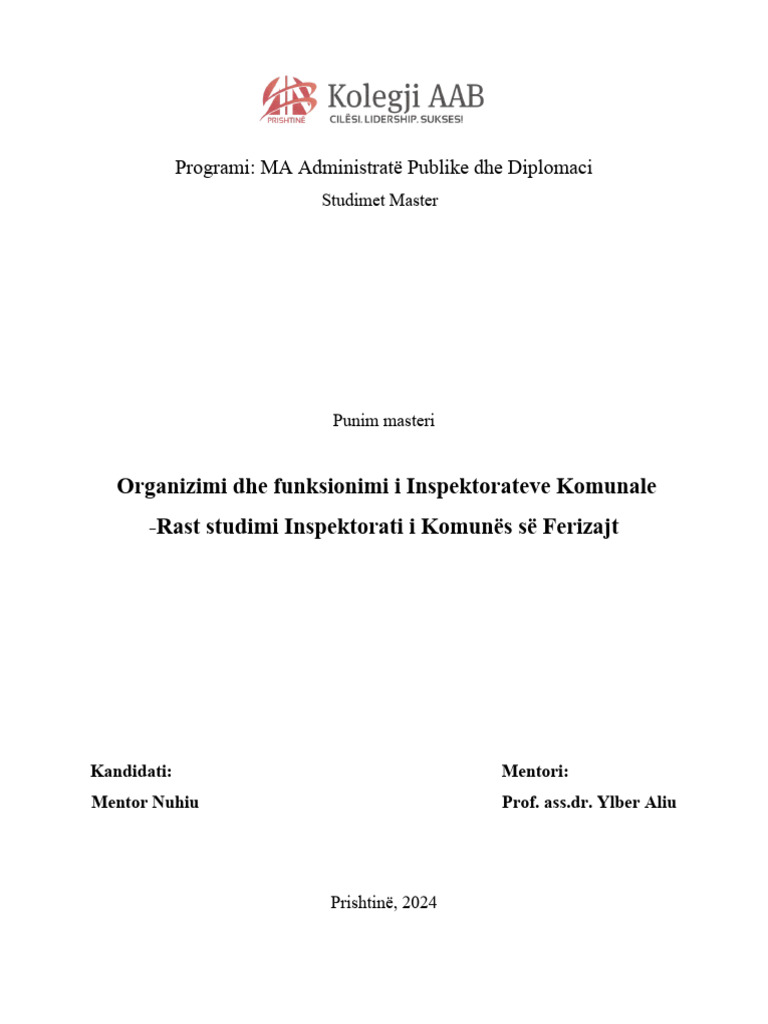 Organizimi Dhe Funksionimi I Inspektorateve Komunale - Rast Studimi ...