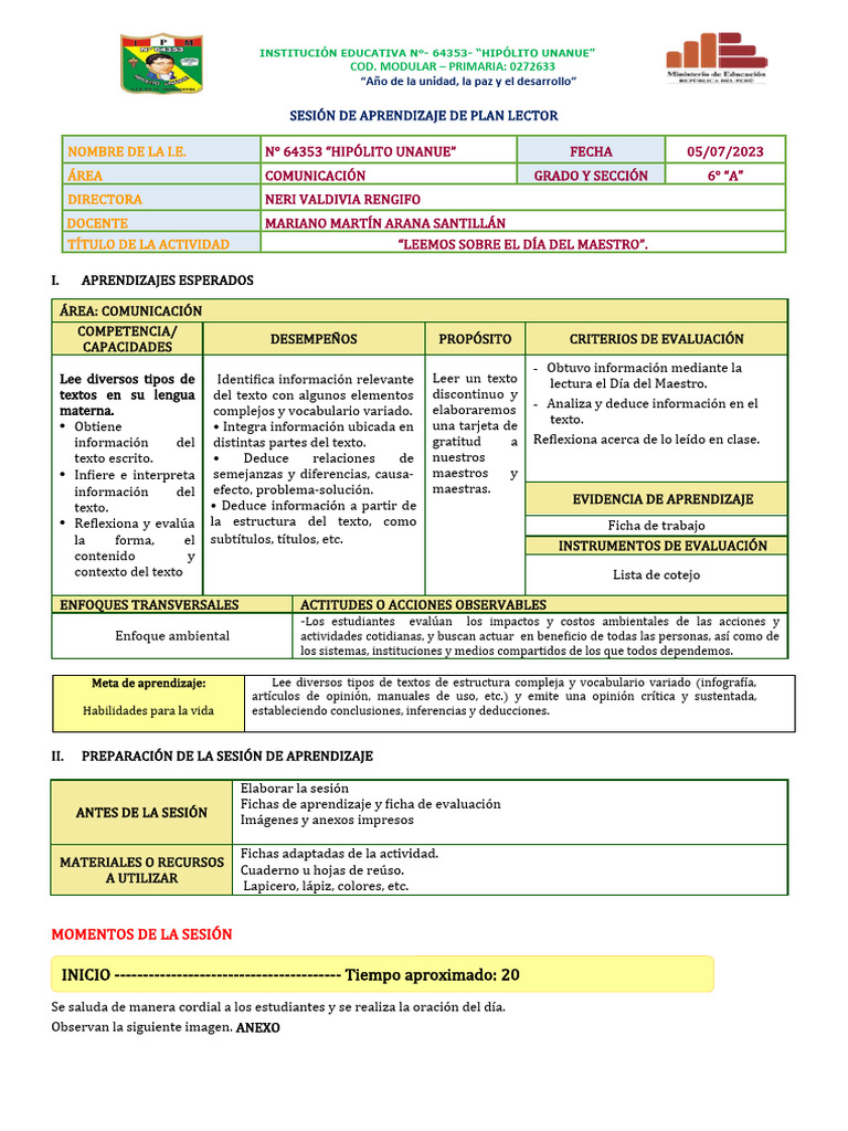 Sesión de Aprendizaje de Plan Lector | PDF | Evaluación | Aprendizaje